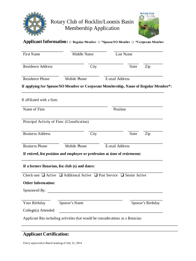 Membership Application - Spousal or Corporate Doc Template | pdfFiller