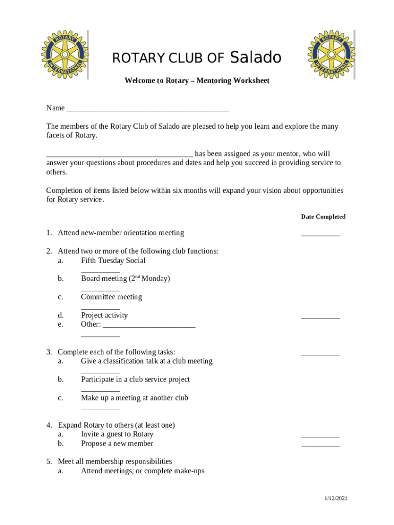 Welcome to RotaryMentoring Worksheet Doc Template | pdfFiller