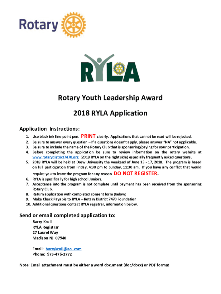 Fillable Online Rotary Youth Leadership Award 2018 RYLA Application Fax ...