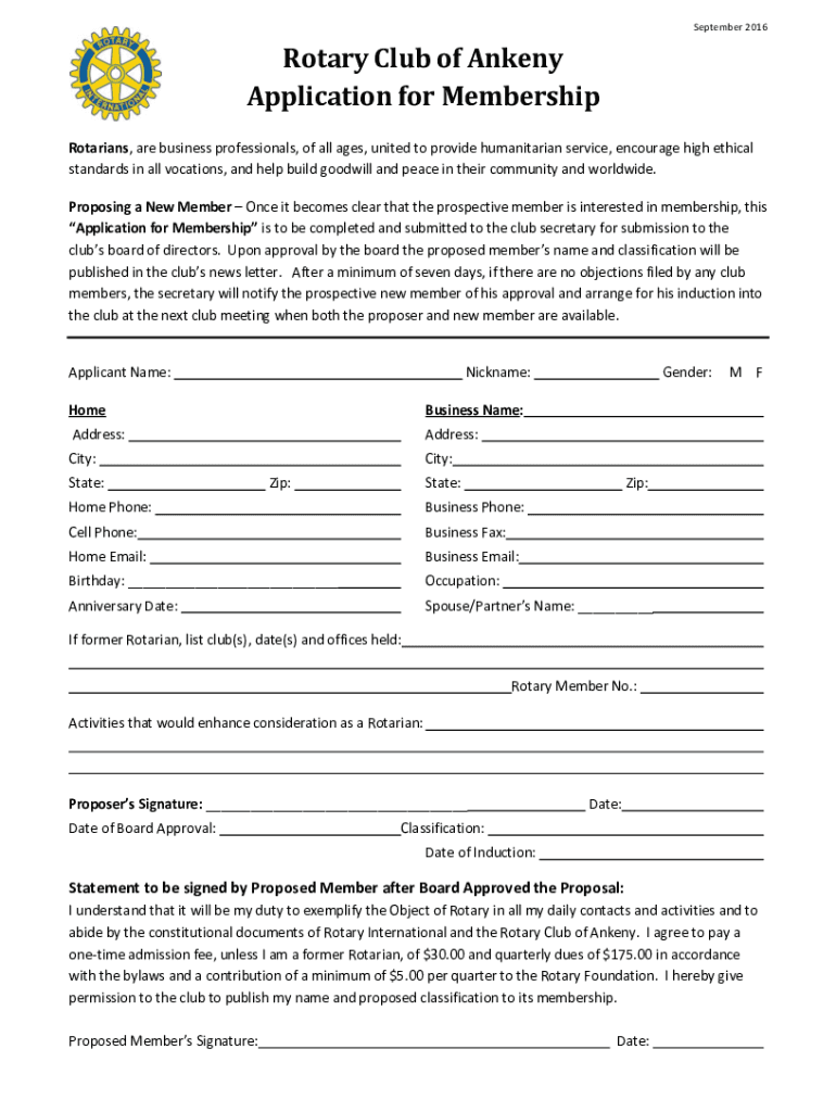 Fillable Online Rotary Club of Ankeny Application for Membership Fax ...