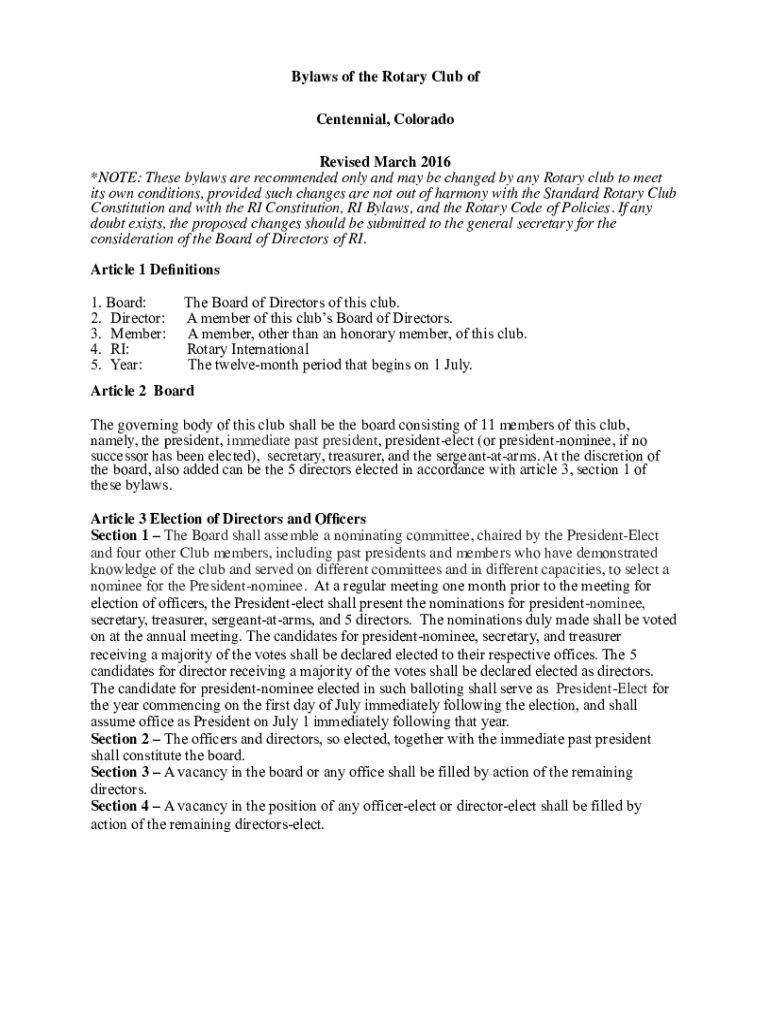 Fillable Online Centennial Rotary Bylaws 2016 official copy pdf copy ...
