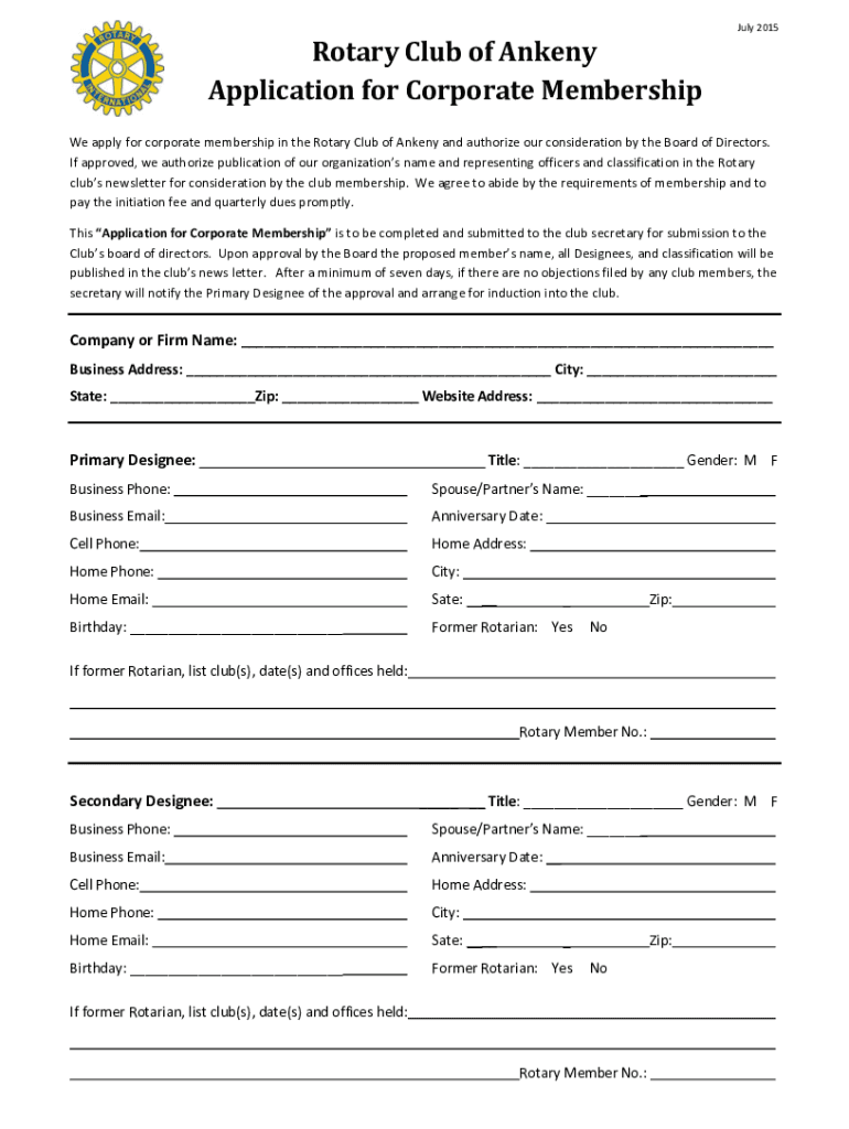 Fillable Online Rotary Club of Ankeny Application for Corporate ...