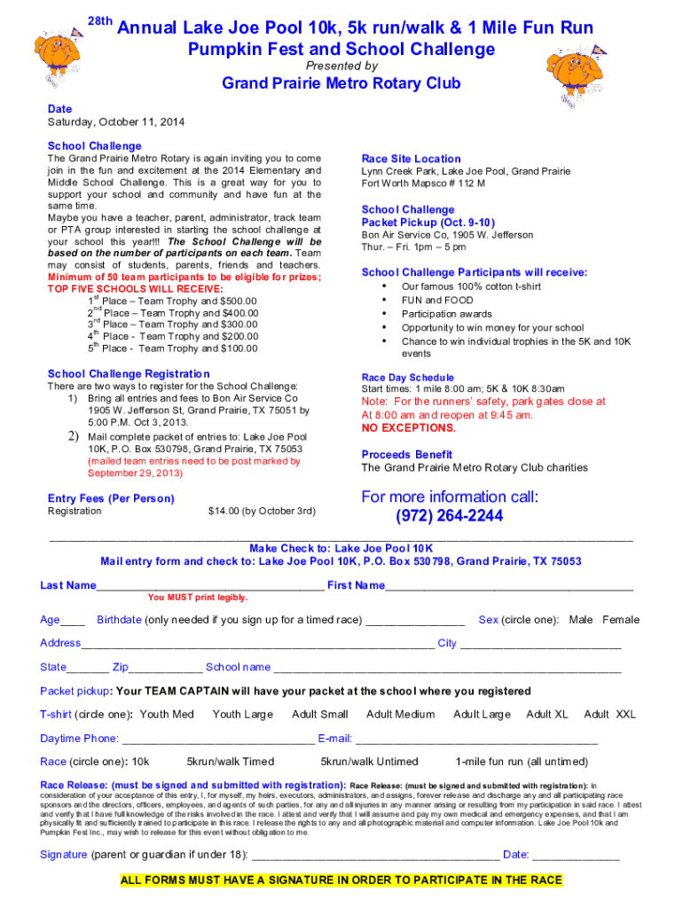Fillable Online 32nd Annual Lake Joe Pool 5K 10K Pumpkin Run - Grand ...