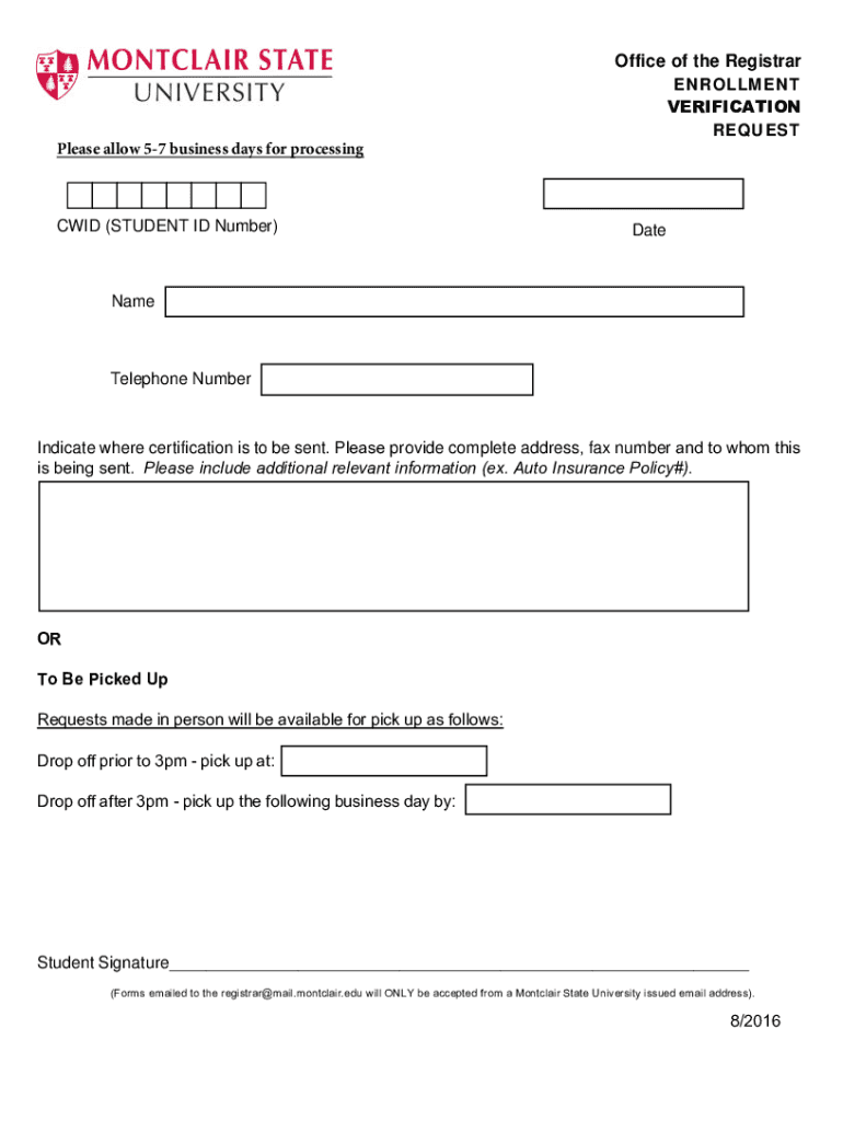 Fillable Online Certification of Enrollment Request form - Montclair State University Fax Email ...