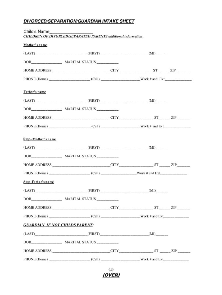 Fillable Online DIVORCED/SEPARATION/GUARDIAN INTAKE SHEET Fax Email ...