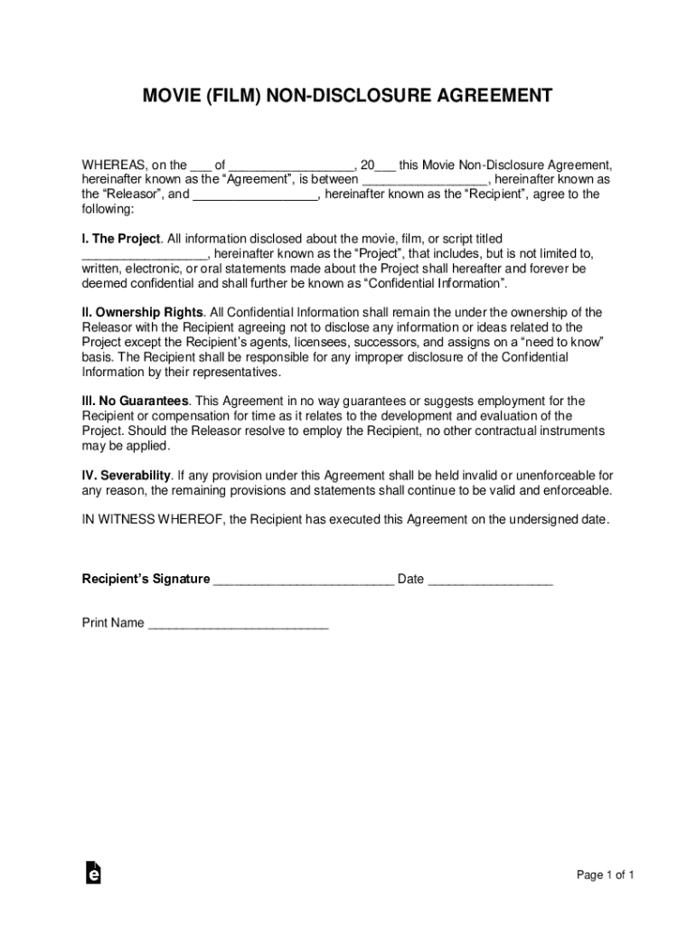 Fillable Online Movie (Film) Non-Disclosure Agreement (NDA) Template ...