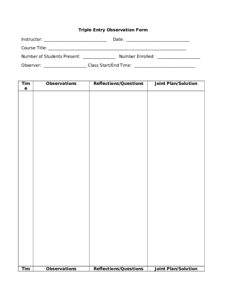 Triple Entry Observation - my queens Doc Template | pdfFiller
