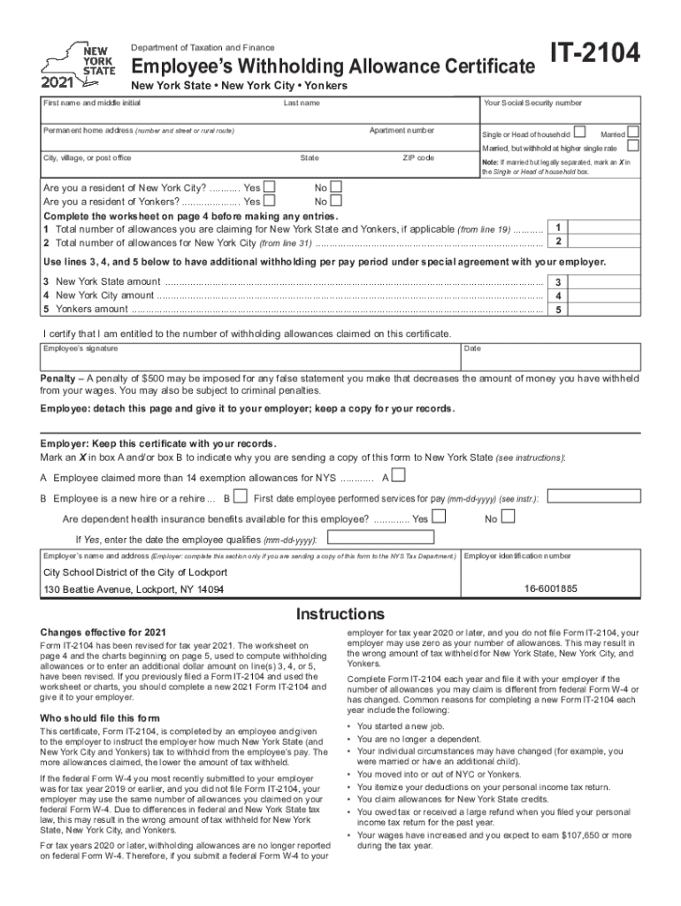 Fillable Online Form IT-2104 Employee's Withholding Allowance ...