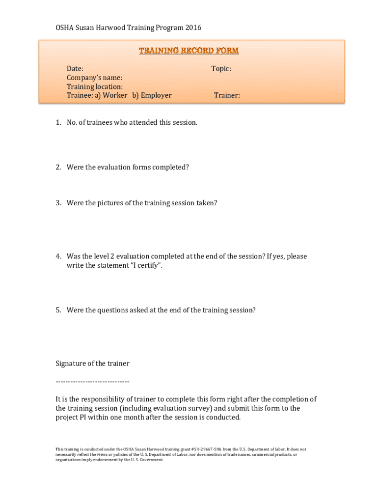 Fillable Online Training Record Form - OSHA Fax Email Print - pdfFiller