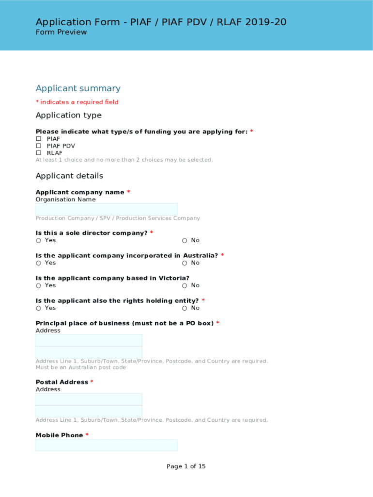Fillable Online Application Form - PIAF / PIAF PDV / RLAF 2019-20 Fax Email Print - pdfFiller