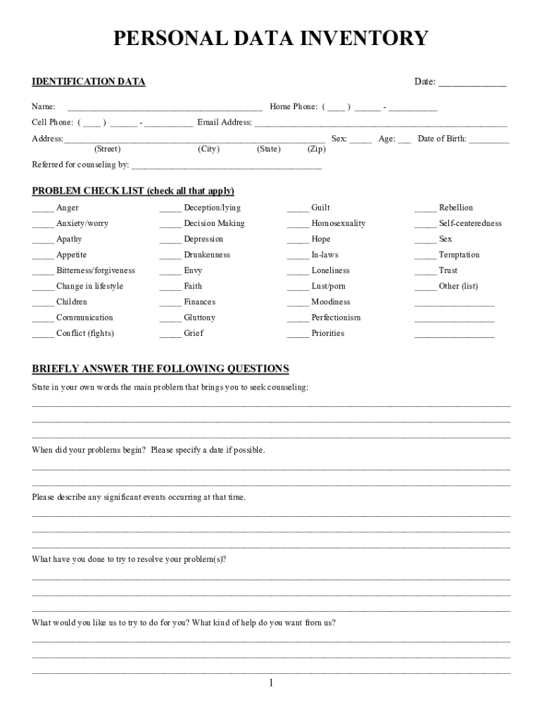 Fillable Online Personal Data Inventory Form - Short Versions Fax Email ...