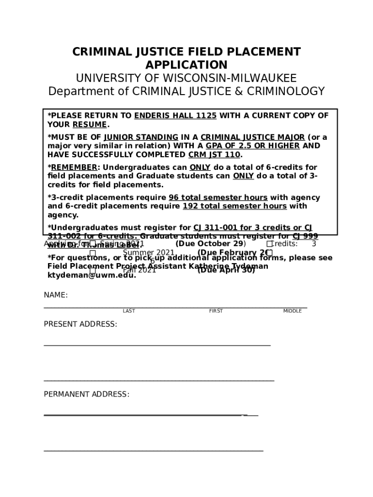 Field Placement Application - University of Wisconsin ... Doc Template | pdfFiller