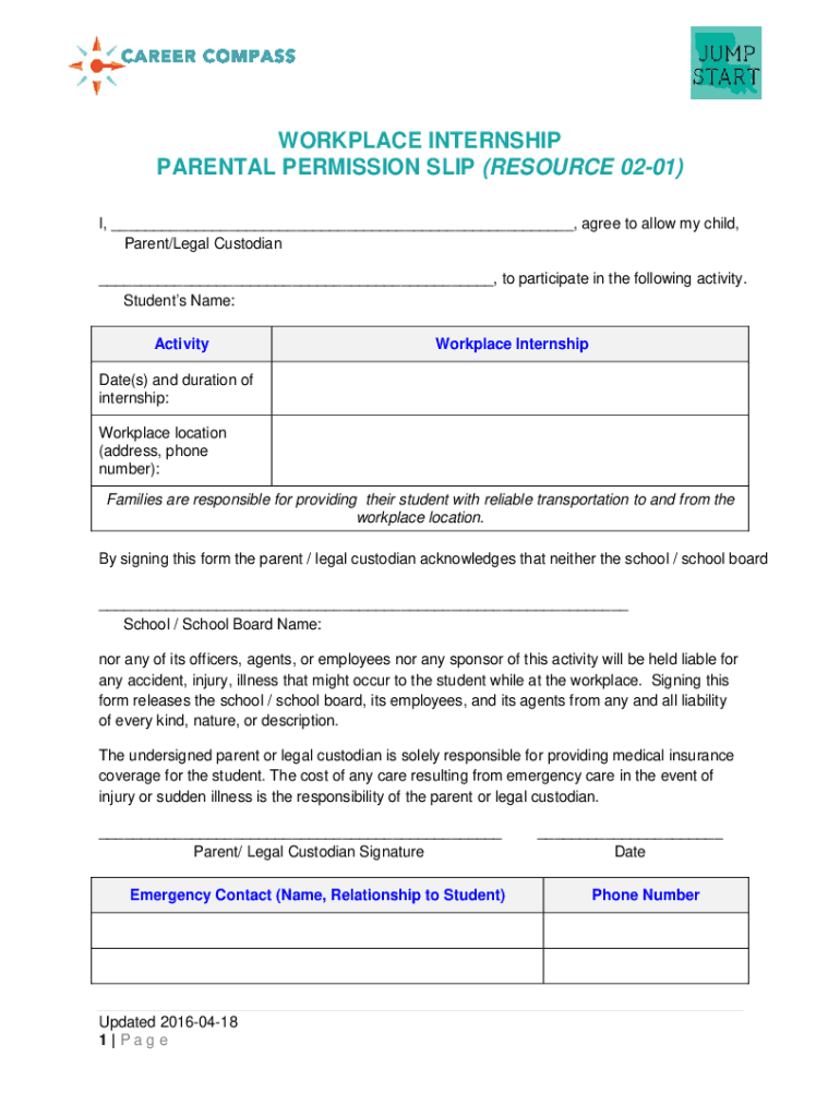 Fillable Online workplace internship parental permission slip ...