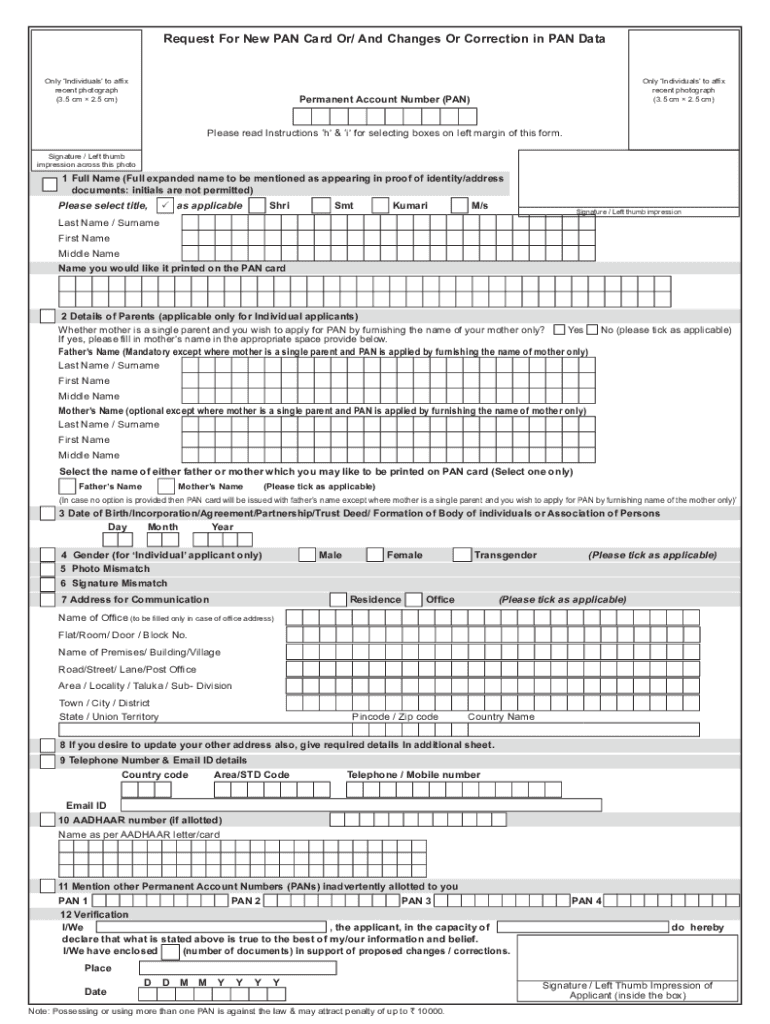 Fillable Online Request For New PAN Card Or/ And Changes Or Correction ...