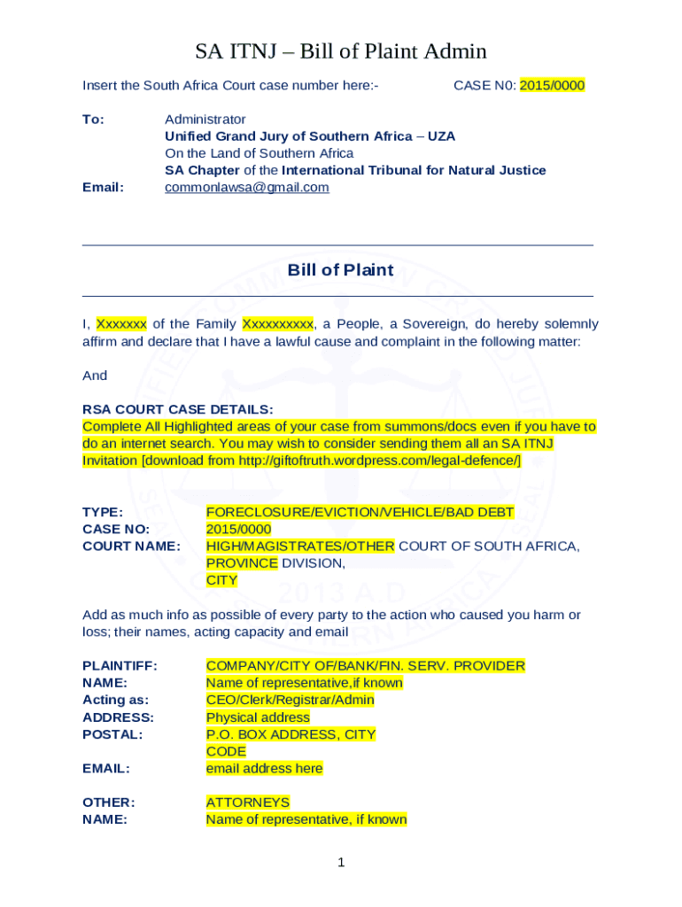 Insert the South Africa Court case number here:-CASE N0: 2015/0000 Doc ...