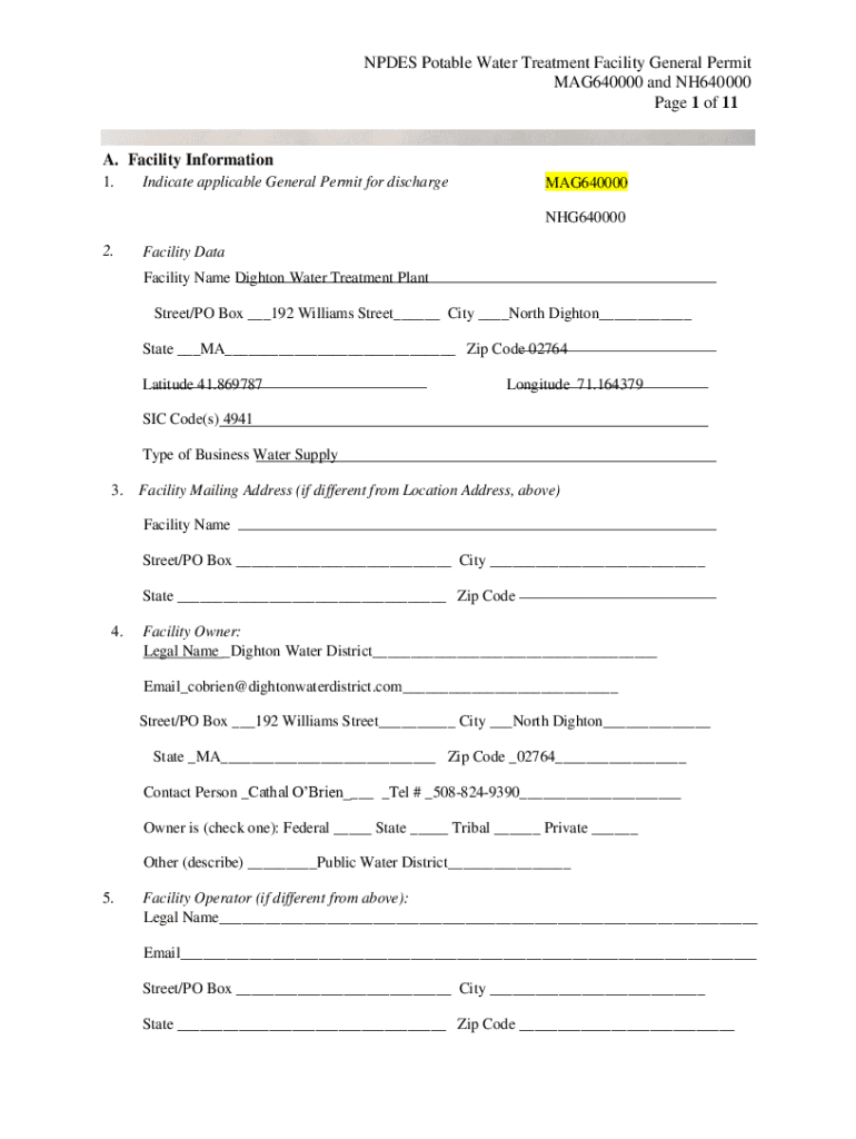 Fillable Online RE: Potable Water Treatment Facility General Permit ...