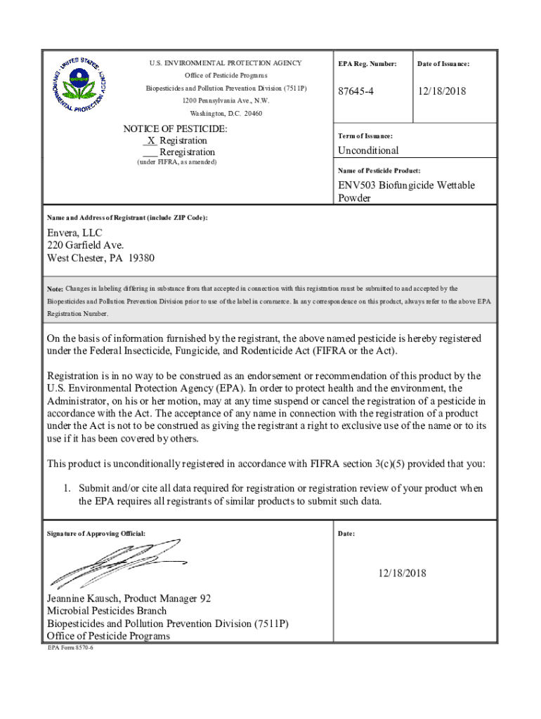 Fillable Online US EPA, Pesticide Product Label, ENV503 Biofungicide ...