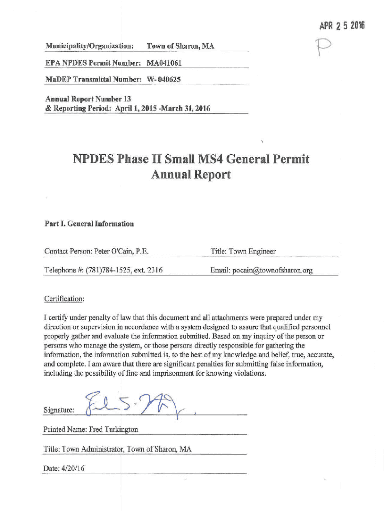 Fillable Online Sharon, MA2016 Annual ReportNPDES Phase II Small ...