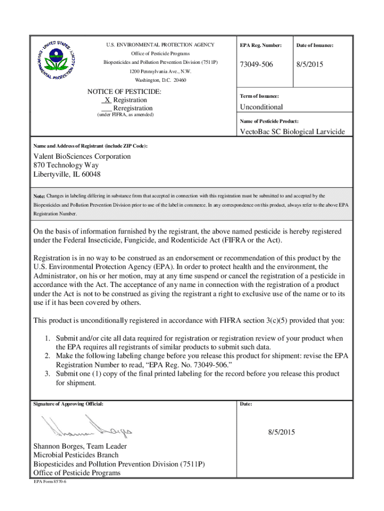 Fillable Online US EPA, Pesticide Product Label, VECTOBAC SC BIOLOGICAL ...