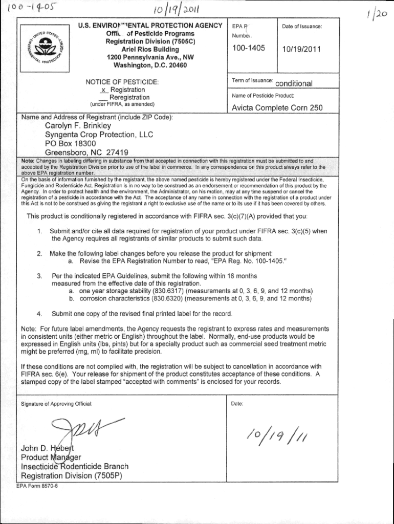 Fillable Online US EPA, Pesticide Product Label, AVICTA COMPLETE CORN ...