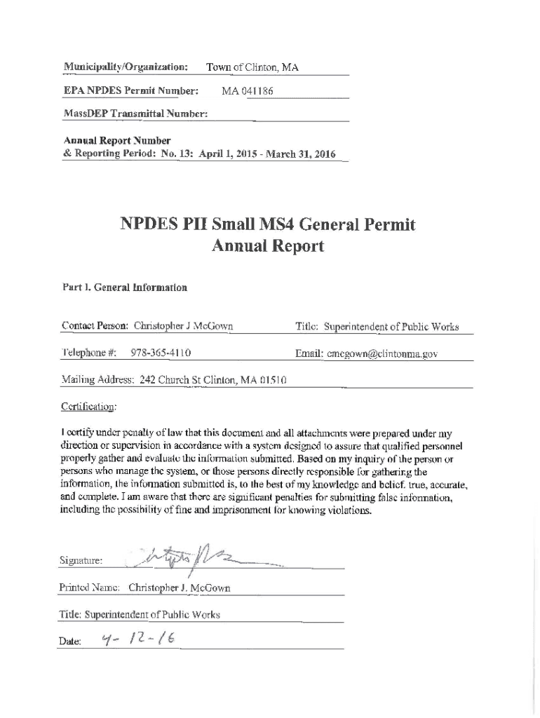 Fillable Online Clinton, MA2016 Annual Report NPDES Phase II Small MS4 ...