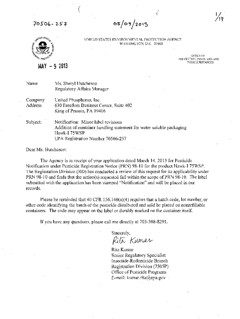 Fillable Online US EPA, Pesticide Product Label, HAWK-I 75 WSP, 05/09 ...