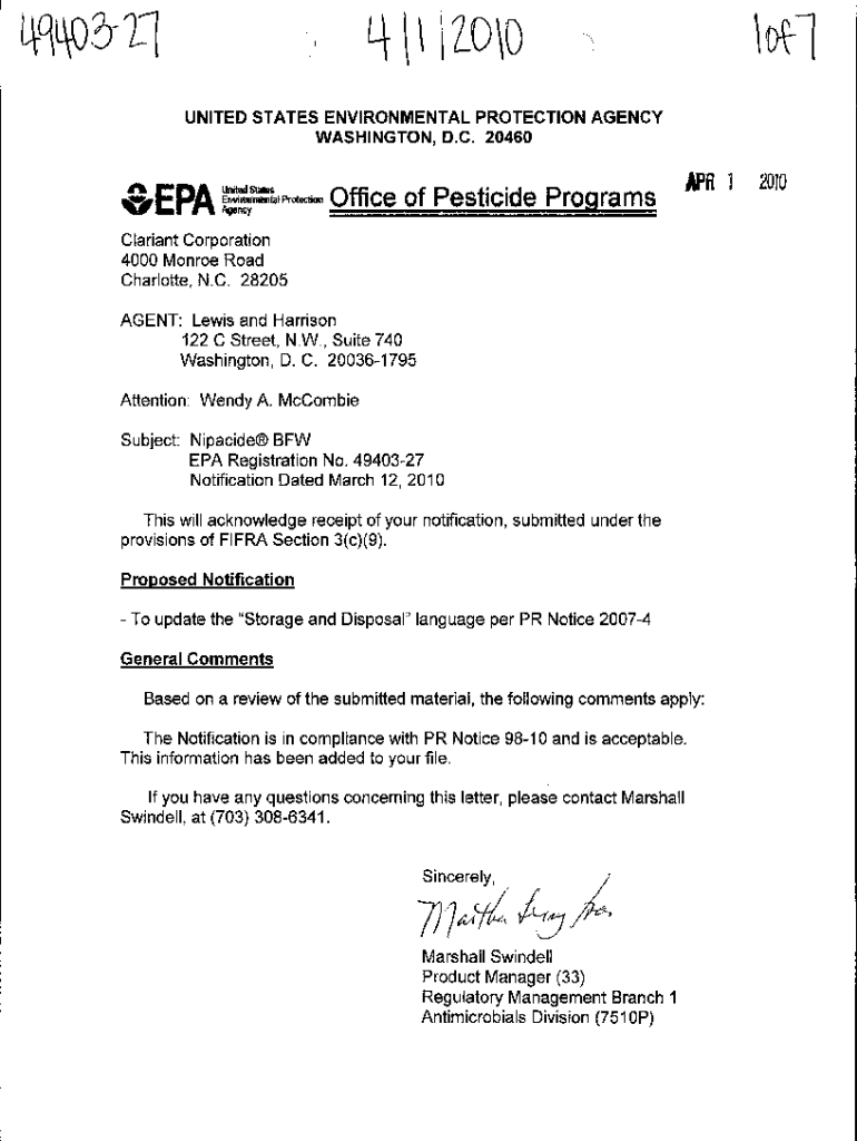 Fillable Online U.S. EPA, Pesticides, Label, NIPACIDE BFW, 4/1/2010 ...