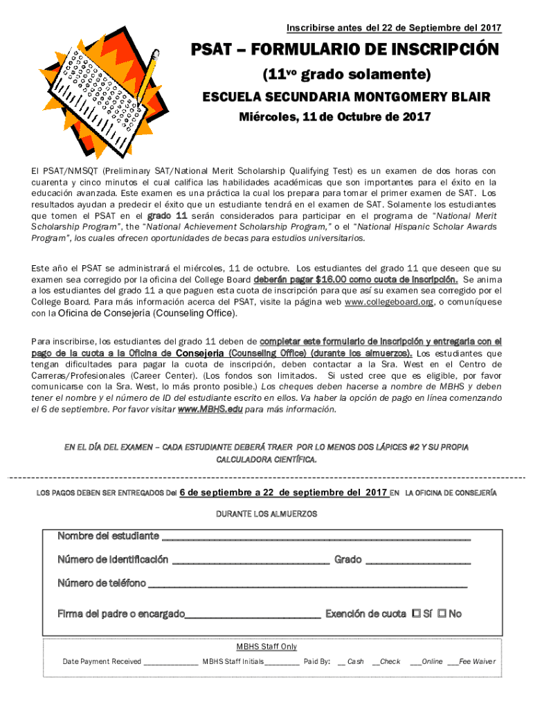 Fillable Online 11th PSAT Registration form for juniors 2017-Final Fax ...