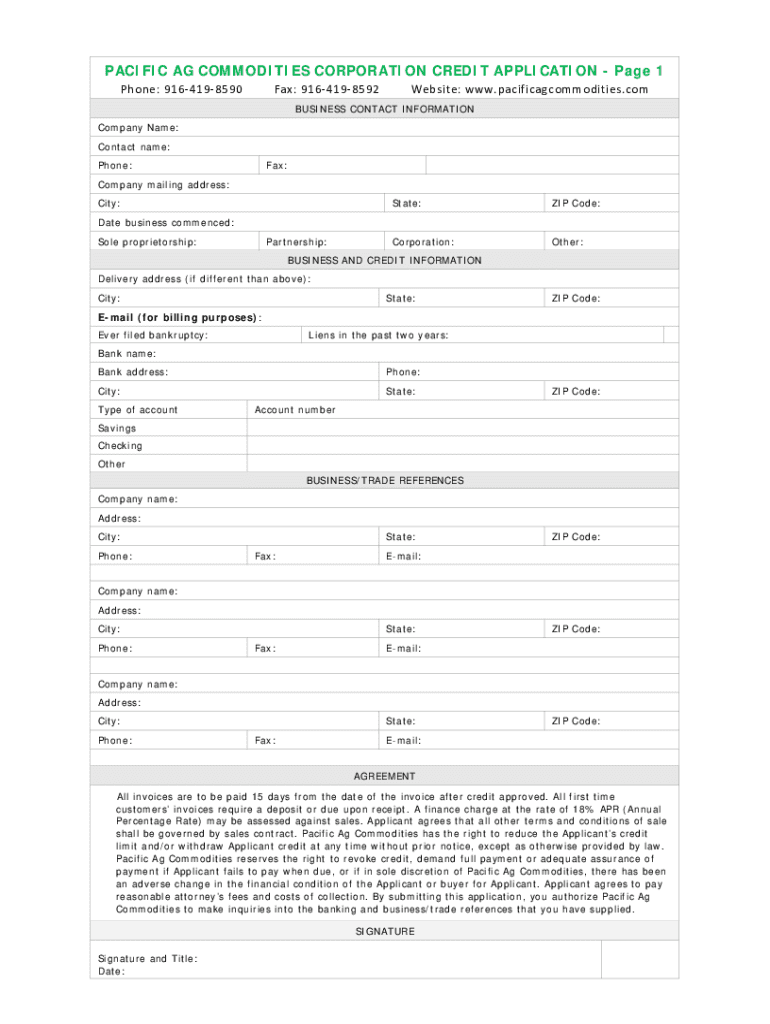 Fillable Online PACIFIC AG COMMODITIES CORPORATION CREDIT APPLICATION - Page 1 Fax Email Print ...