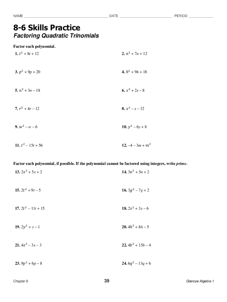 8 6 Practice Factoring Quadratic Trinomials - Fill Online, Printable ...