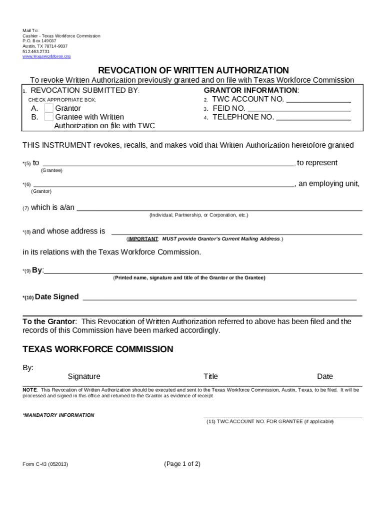 C-43: Revocation of Written Authorization - Texas ... Doc Template | pdfFiller