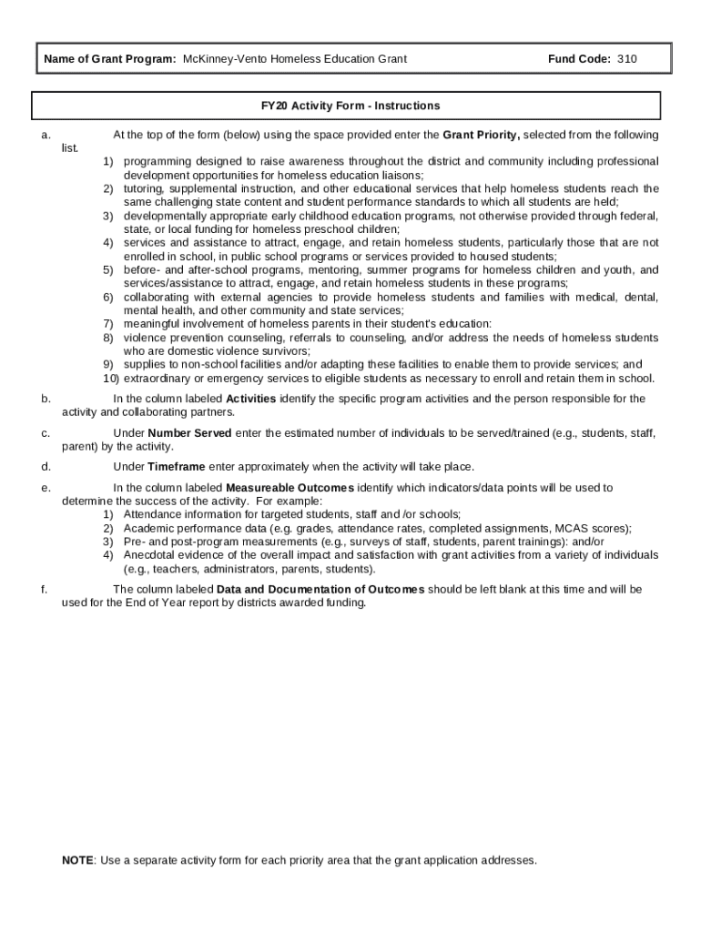 FY20 FC310 McKinney-Vento Homeless Education Grant Assurances Activity Doc Template | pdfFiller