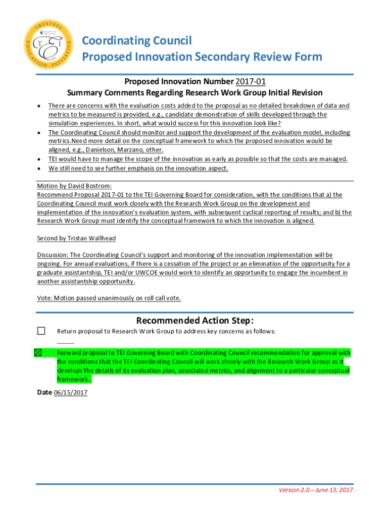 Fillable Online Coordinating Council Proposed Innovation Secondary ...