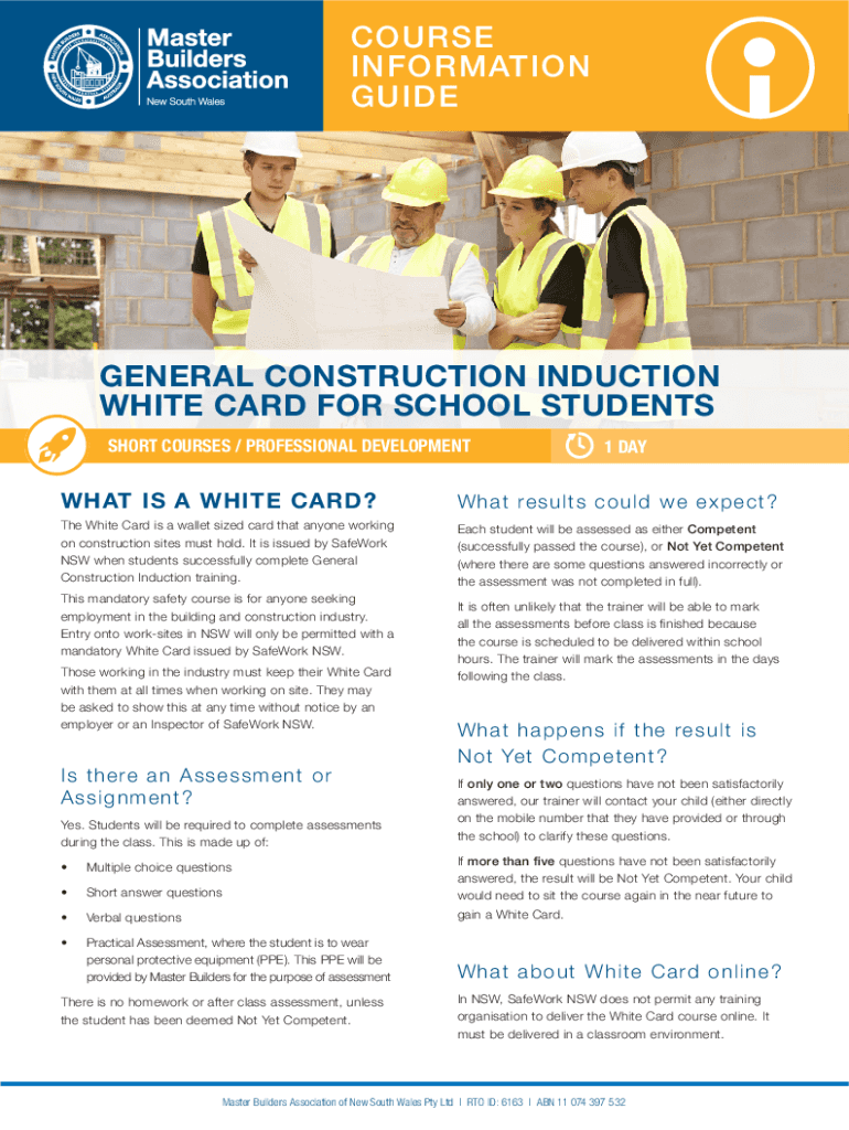 Fillable Online GENERAL CONSTRUCTION INDUCTION WHITE CARD FOR SCHOOL ...