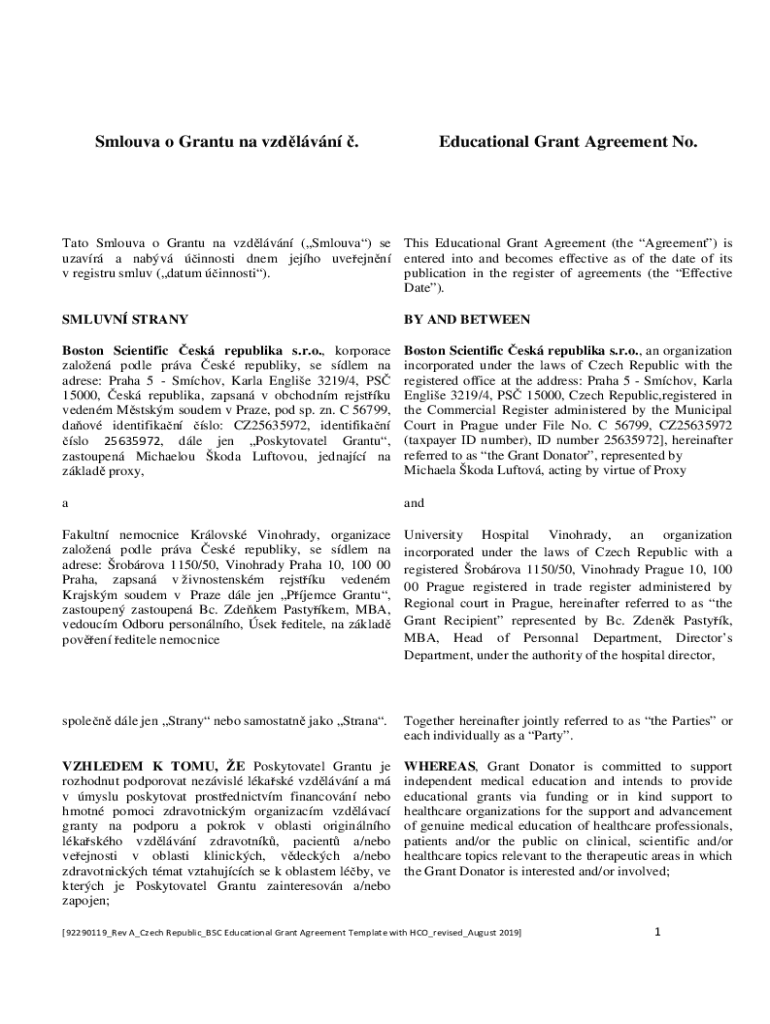 Fillable Online smlouvy gov Smlouva o Grantu na vzd?lvn ?. Educational ...