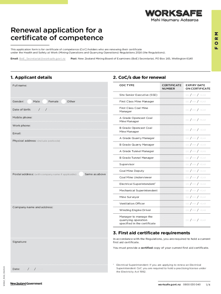 Fillable Online Renewal application for a certificate of competence ...