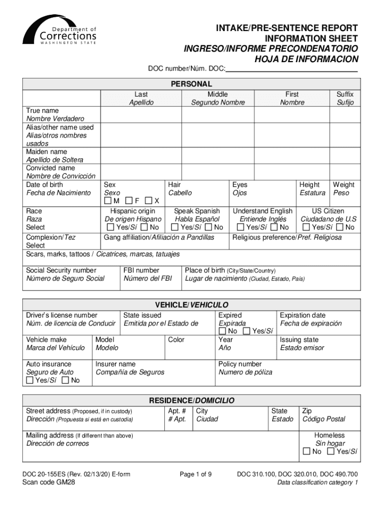 Fillable Online intake/pre-sentence report information sheet ingreso ...