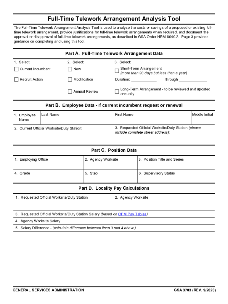 GSA Form 3703 Full-Time Telework Arrangement Analysis Tool: Fill out ...