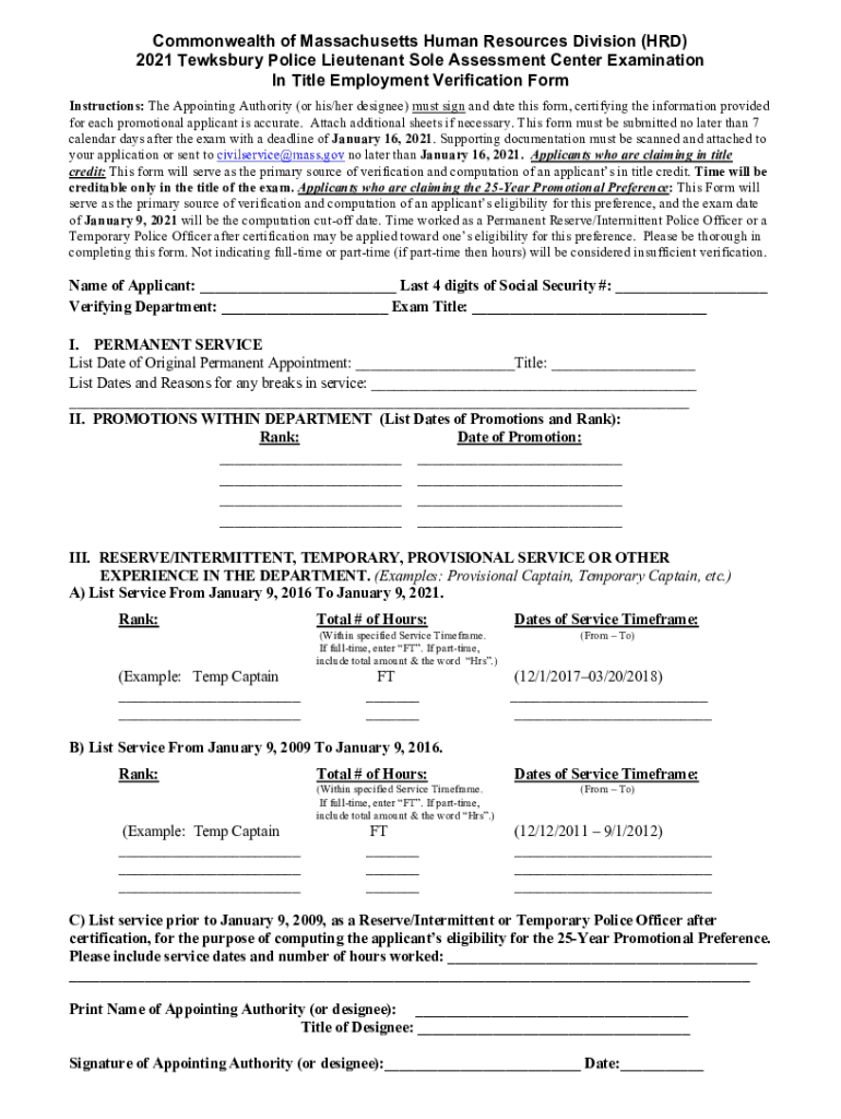 Fillable Online Employment Verification Form - 2021 Tewksbury Police ...