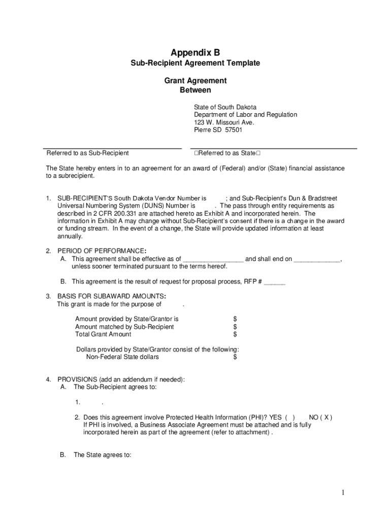 Fillable Online dlr sd Sub-Recipient Agreement Template Fax Email Print - pdfFiller