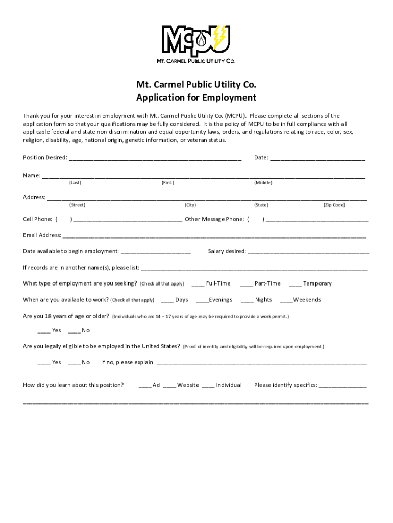 Fillable Online Mt. Carmel Public Utility Co. Application for ...