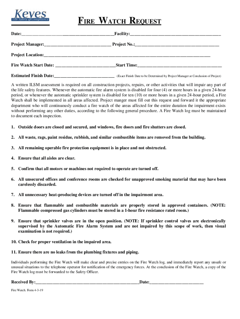 Fillable Online FIRE WATCH REQUEST - Keyes Life Safety Fax Email Print ...