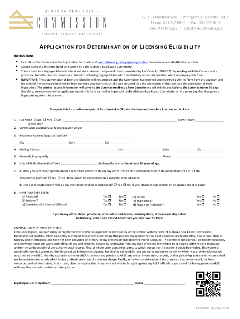 Fillable Online arec alabama APPLICATION FOR DETERMINATION OF LICENSING ...