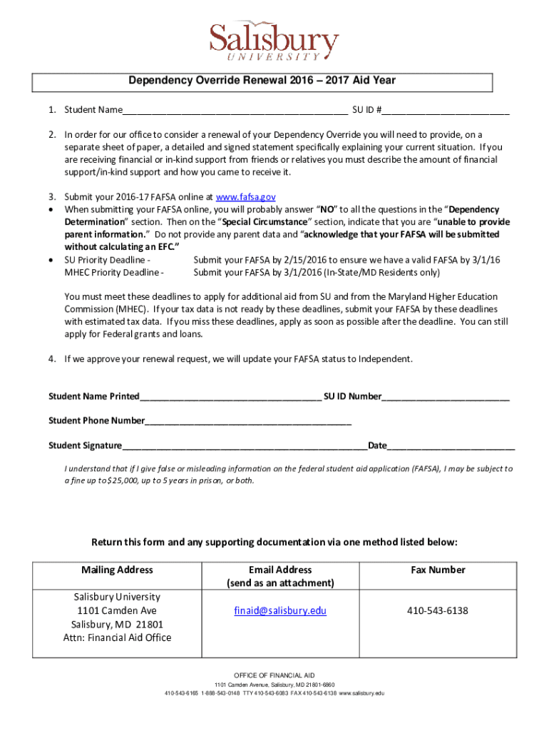 Fillable Online Financial Aid Office 2017-18 Dependency Override ...