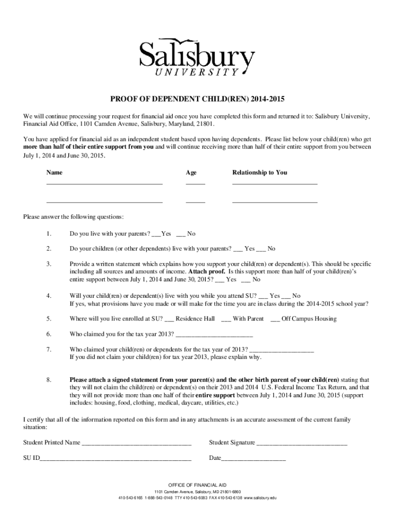 Fillable Online Proof of Dependent Child(ren) 2015-2016 - Salisbury ...