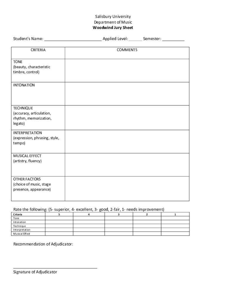 Fillable Online Salisbury University Department of Woodwind Jury Sheet ...
