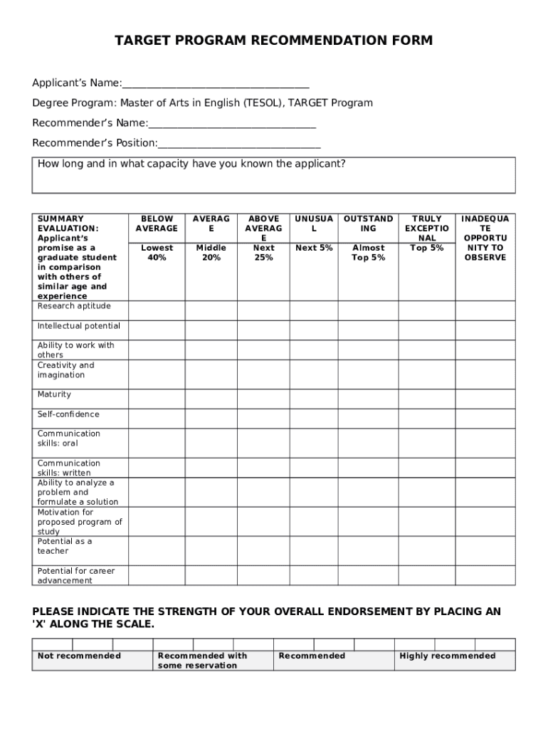 TARGET PROGRAM RECOMMENDATION Doc Template | pdfFiller