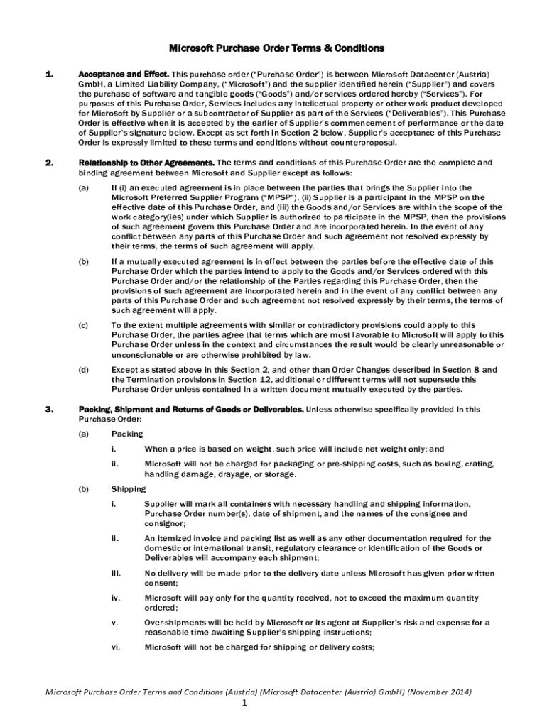 Fillable Online Microsoft Purchase Order Terms & Conditions (PO) Fax ...