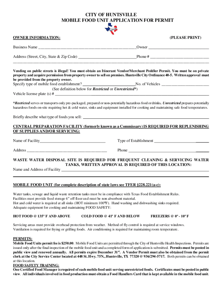Fillable Online city of huntsville mobile food unit application for ...
