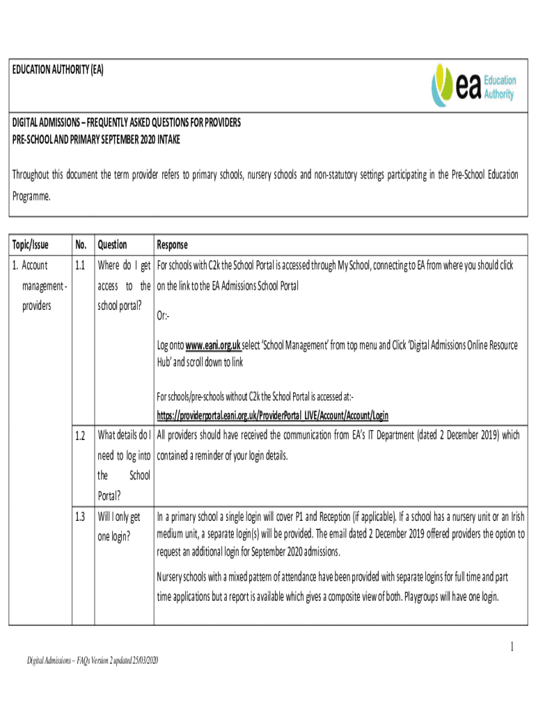 Fillable Online 1 EDUCATION AUTHORITY (EA) DIGITAL ADMISSIONS ... Fax ...